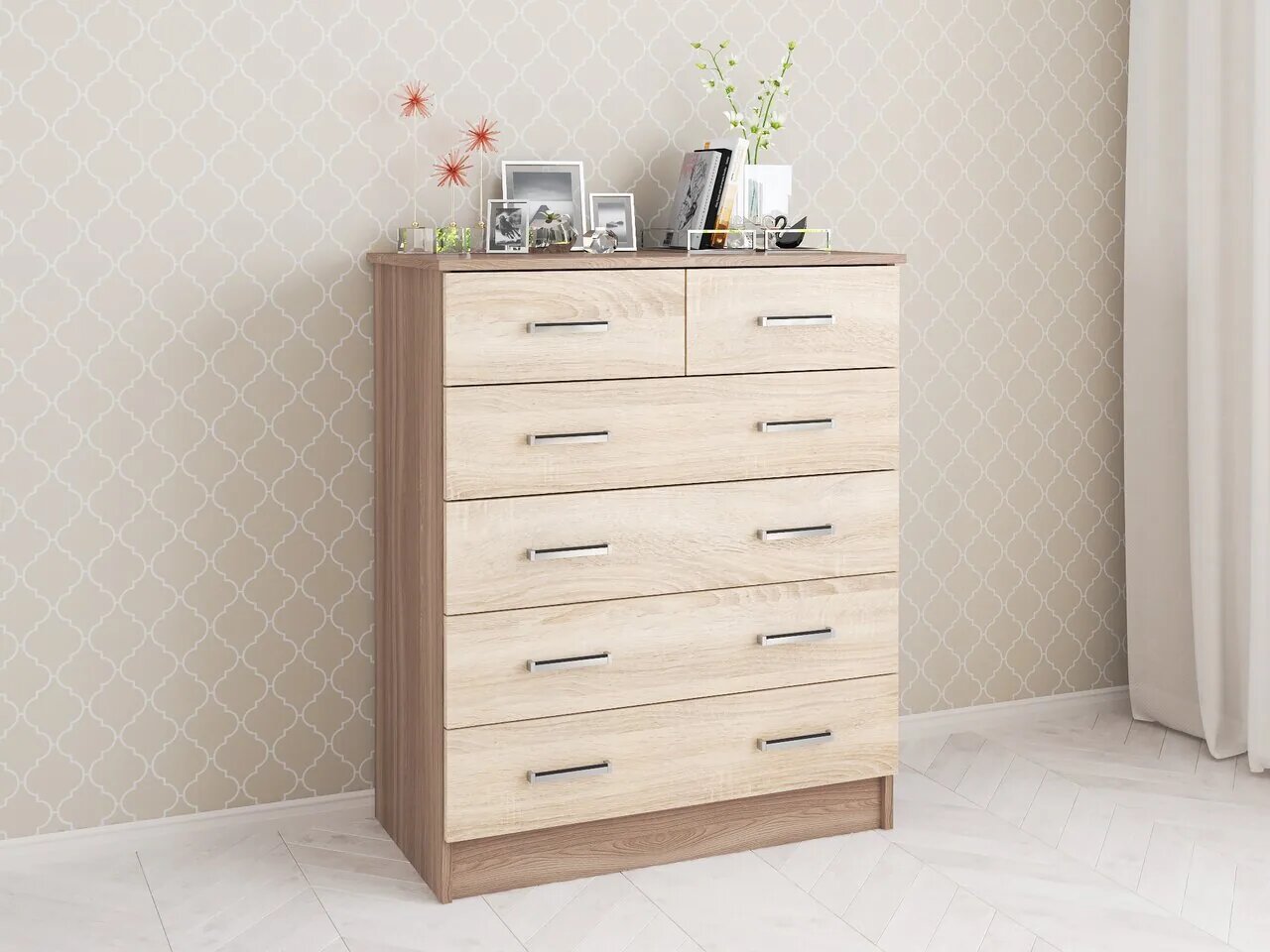Комод «Катрин 5» ЛДСП, роликовые направляющие (Ясень шимо/Дуб сонома) 82х44х99