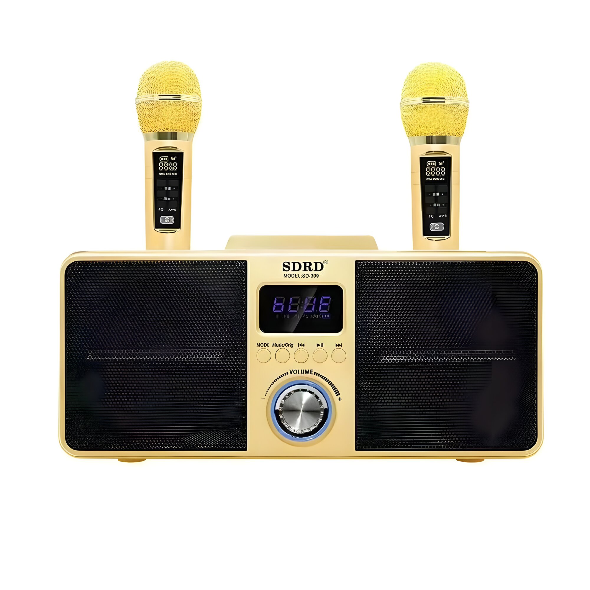 Портативная Bluetooth караоке-система с беспроводными микрофонами и TV-подключением SD-309 (золотая)