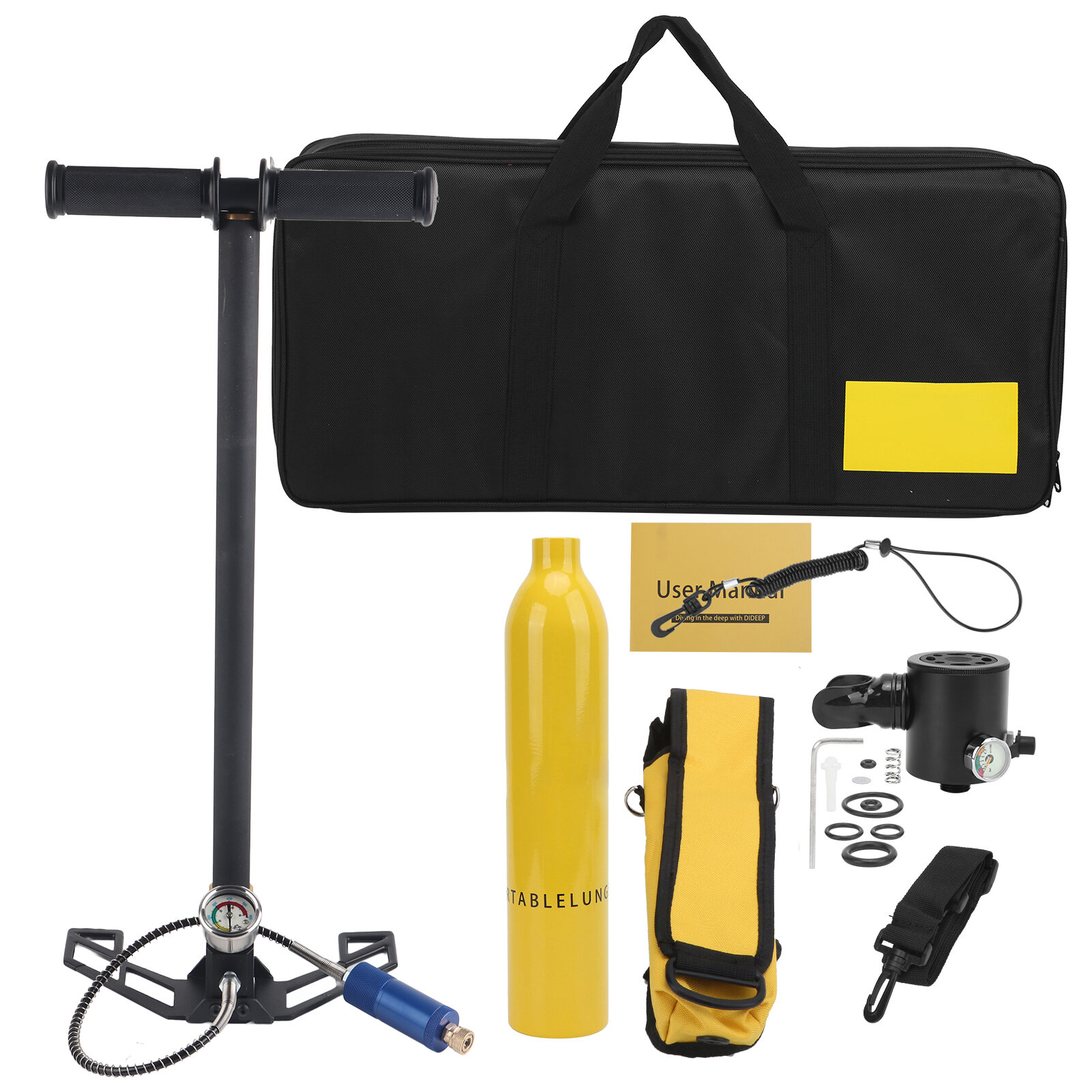Подводный кислородный баллон DIDEEP 0,5 л для дайвинга (желтый баллон, желтая сумка для хранения)
