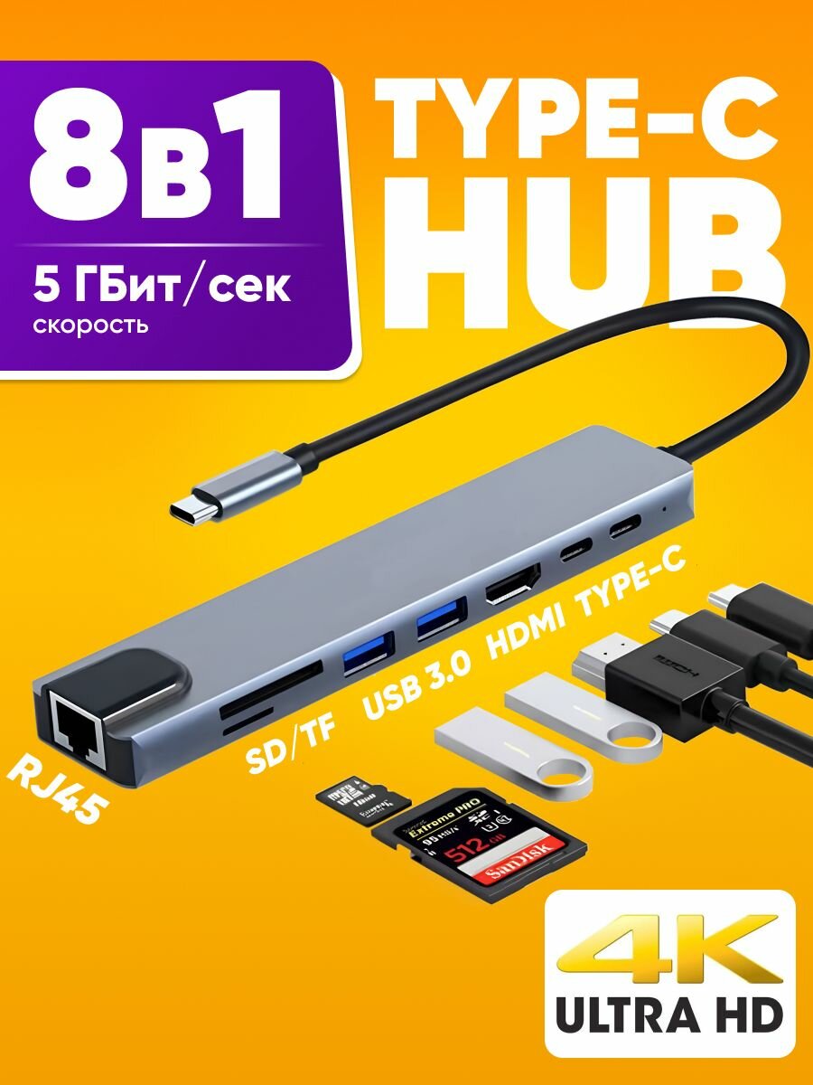 Хаб разветвитель 8в1 Type-C для MacBook и Windows HB44 универсальный, переходник HDMI, расширитель портов для ноутбука
