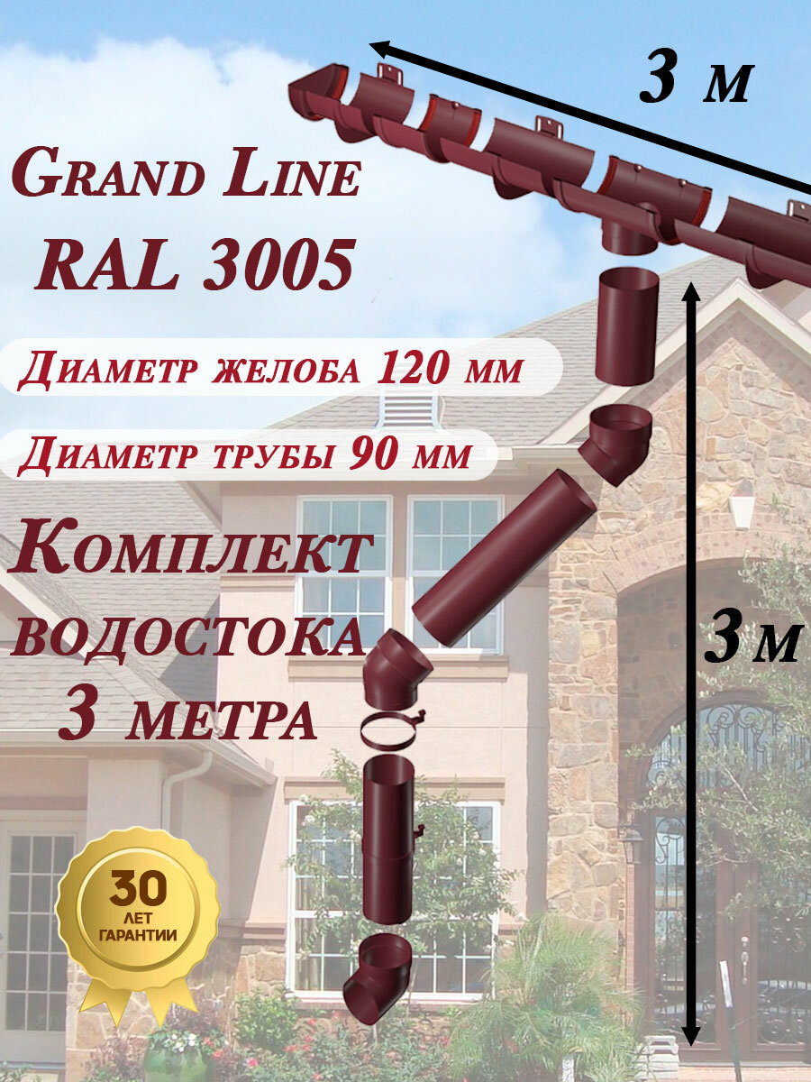 Водосточная система Grand Line 3 м по 1 метру (120мм/90мм ) RAL 3005 ( вишневый ) водосток для крыши пластиковый ( Гранд Лайн ) комплект ПВХ