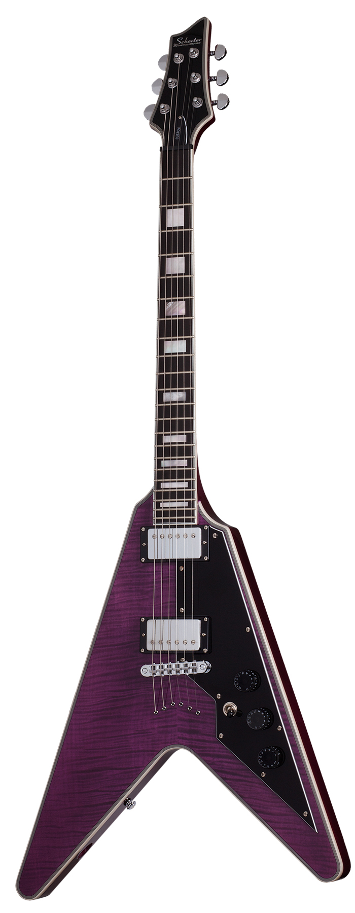 SCHECTER V-1 CUSTOM TRANS PURPLE - 6ти струнная электрогитара, корпус: красное дерево, гриф: красное дерево, накладка: черное дерево, вклееный, звукосниматели: Schecter USA Pasadena™, Schecter USA Pasadena Plus™, регулировки: 2х громкость, 1х тон (push-pu