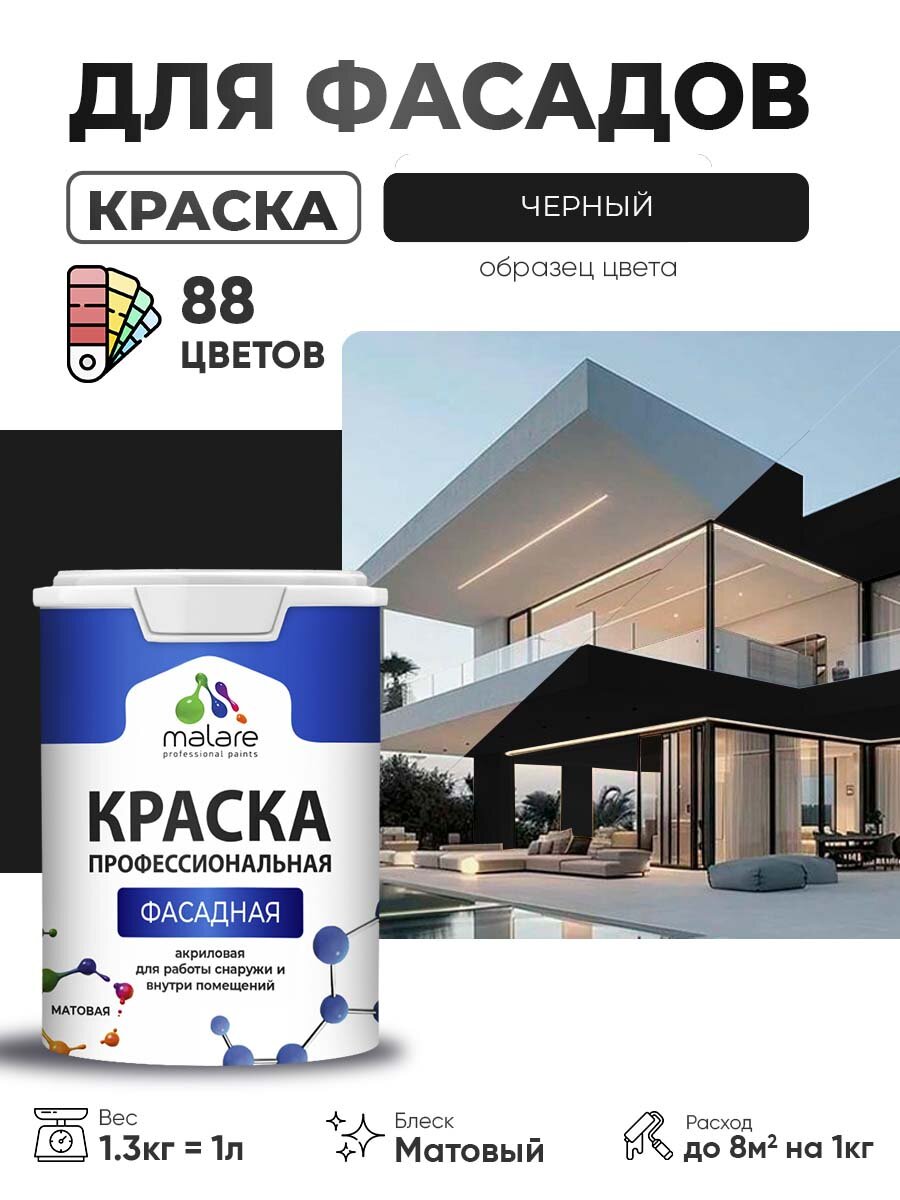 Краска Malare Professional фасадная по дереву, бетону и штукатурке, для камня и кирпича, без запаха, матовая, черный, (1л - 1.3кг)