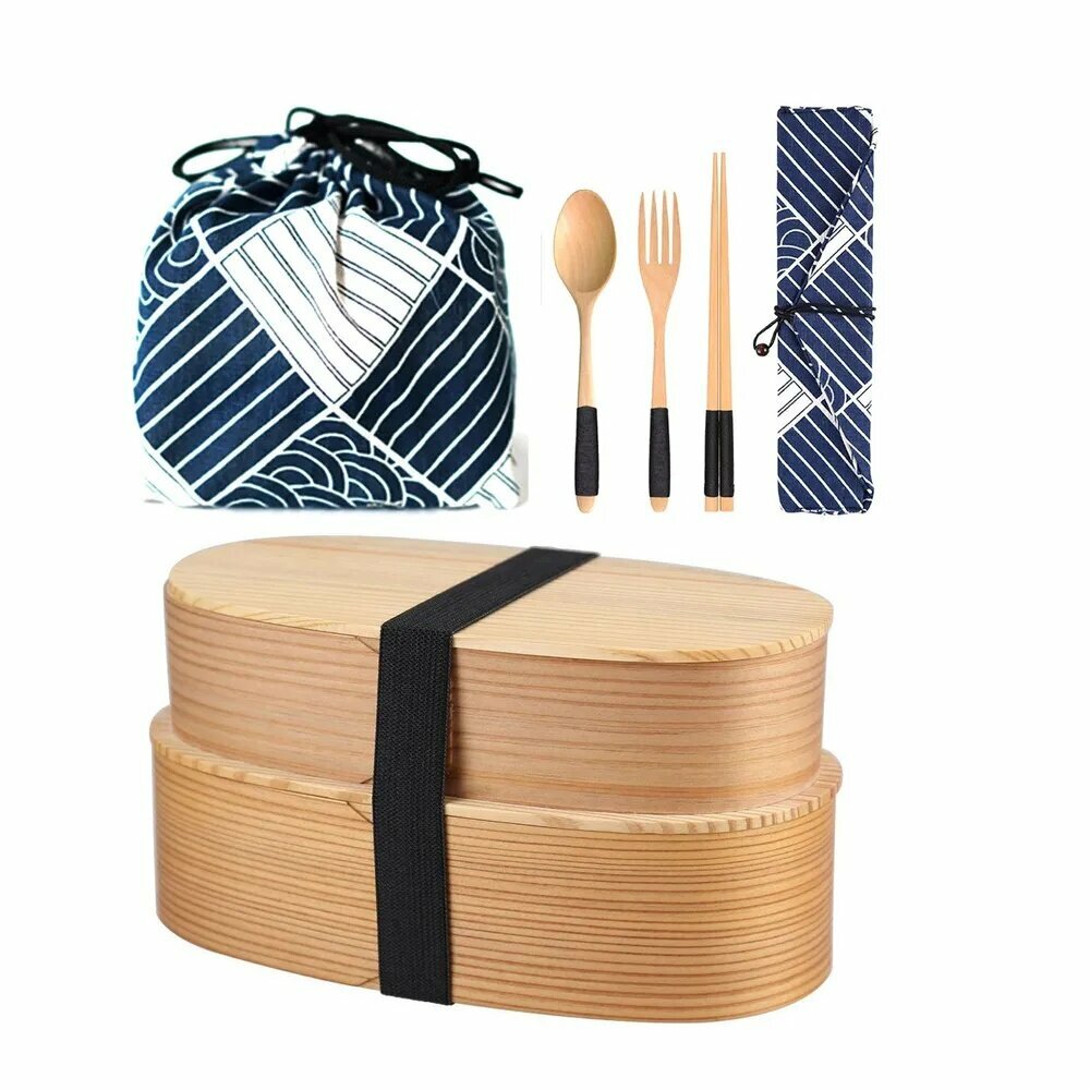 Контейнер пищевой "Деревянная коробка для ланча, Деревянный бокс для бенто, японский стиль, двухслойный ланч-бокс", 1 шт