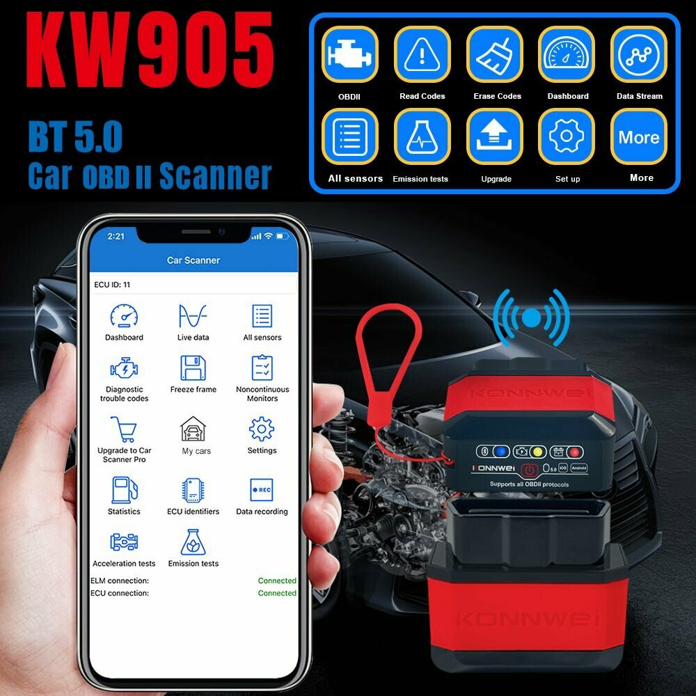 KONNWEI KW905 BT 5.0 беспроводной OBD2 сканер для IOS/Android, оранжевый