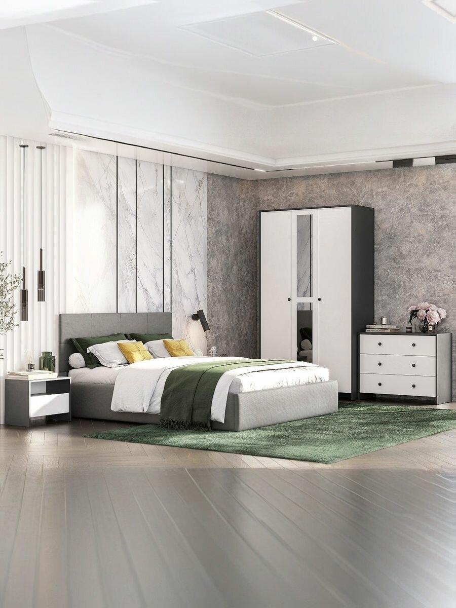 Спальный гарнитур ТК с мягкой кроватью, графит/белый