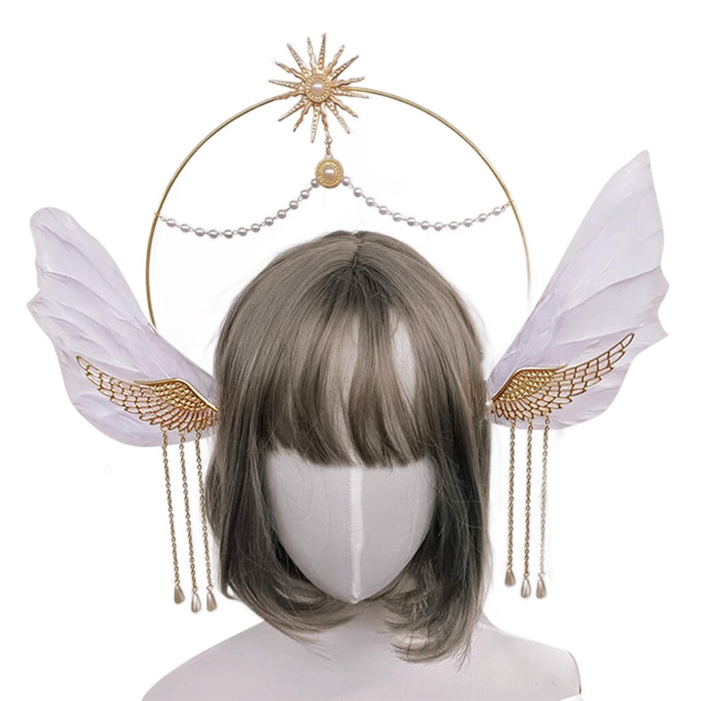 Головной убор с кольцом-гало из крыльев из перьев-белый