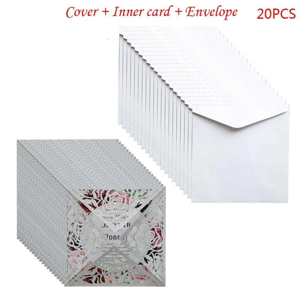 1 комплект из 20 предметов, пригласительный билет с полой розой на свадьбу, HK426, блестящая оболочка + внутренняя страница + конверт-серебристый