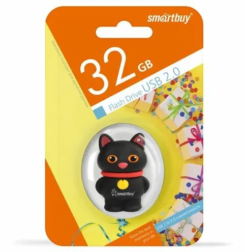 Память USB Flash 32 ГБ Smartbuy Wild Series "Черный кот" (SB32GBCatK) - USB 2.0, до 20 Мбайт/сек, монолит с колпачком, резина