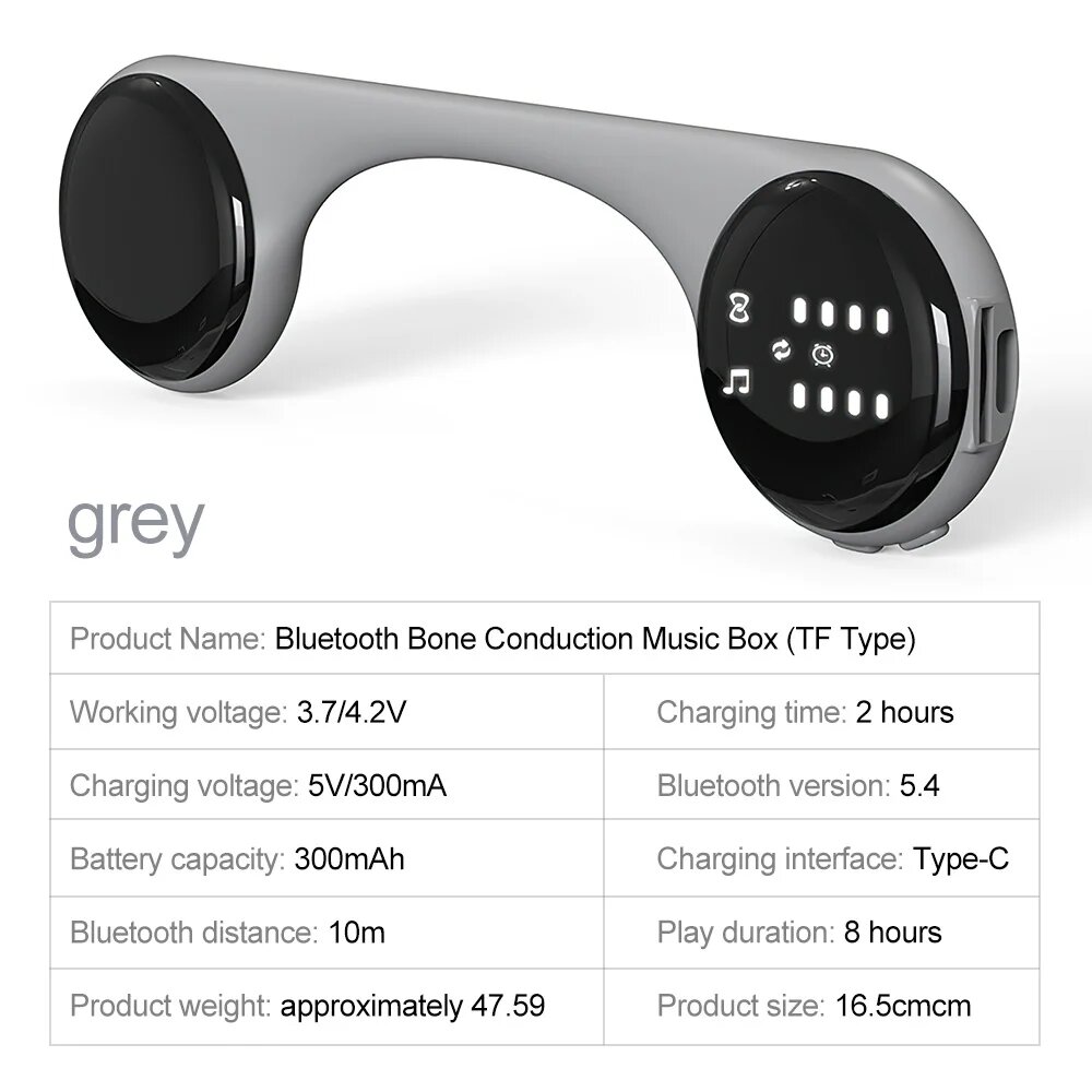 Портативная Bluetooth-колонка для сна с костной проводимостью, Hi-Fi объемным звуком и 10 серый