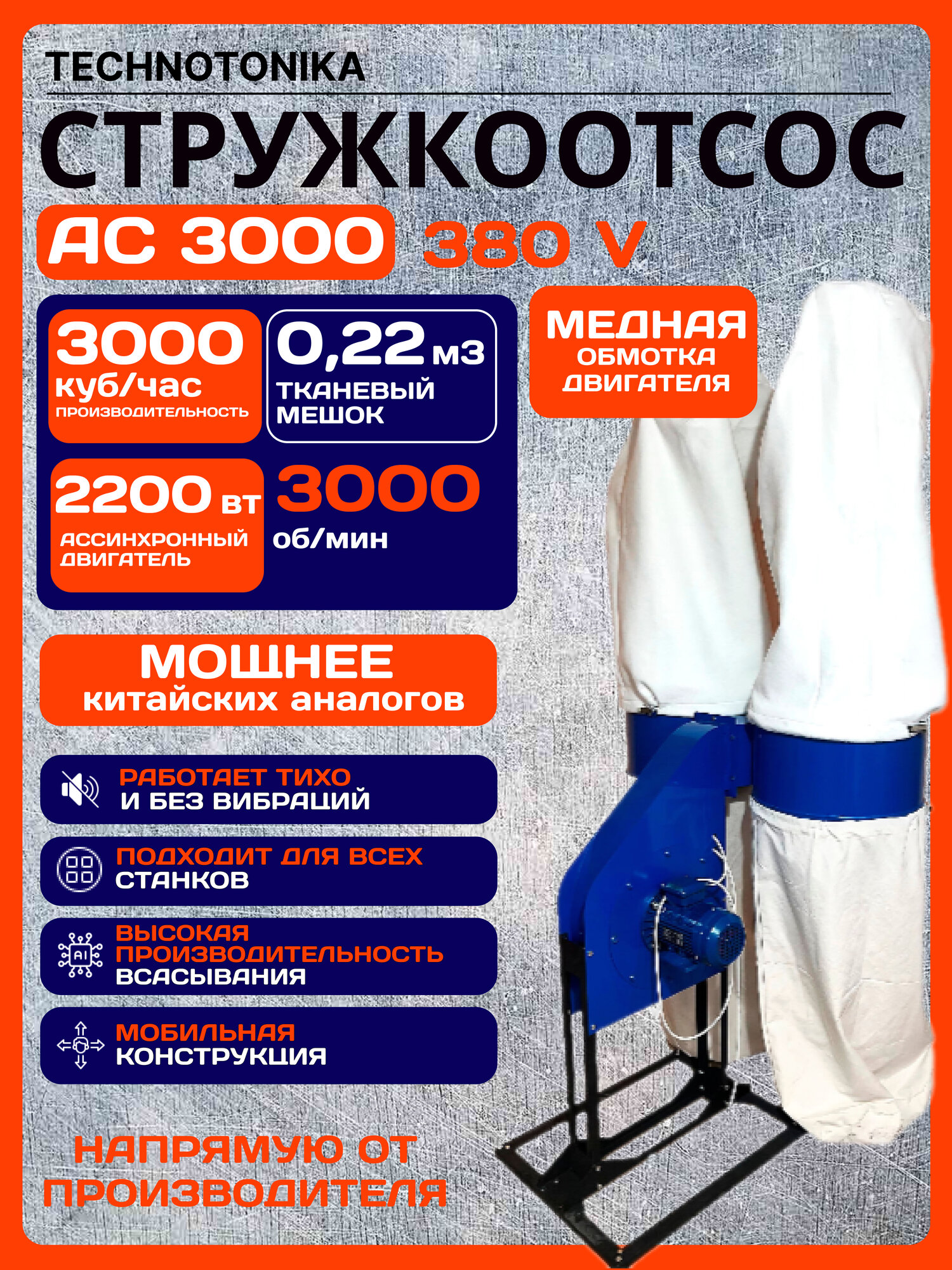 Стружкоотсос (вытяжная установка/вытяжка для стружки) TECHNOTONIKA АС-3000 2.2 кВт 380v