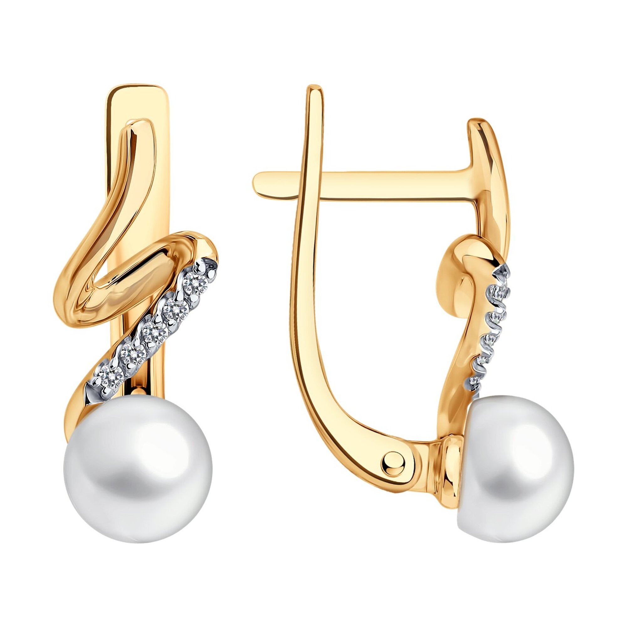 Серьги, красное золото, 585 проба, жемчуг, фианит