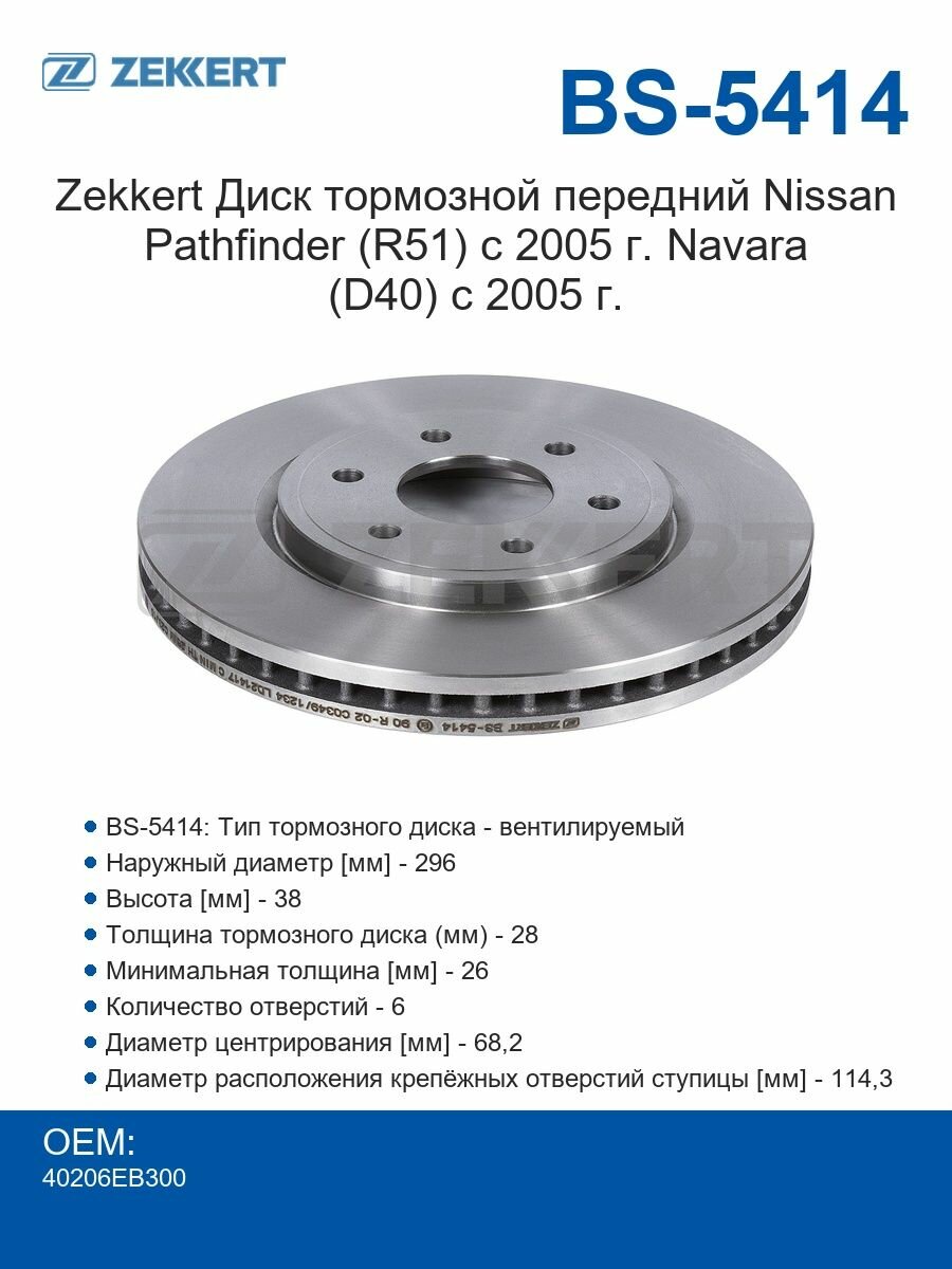 Zekkert Диск тормозной передний Nissan Pathfinder (R51) с 2005 г. Navara (D40) с 2005 г.