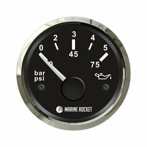 Указатель давления масла 0-5 бар, черный циферблат, нержавеющий ободок, д. 52 мм, Marine Rocket