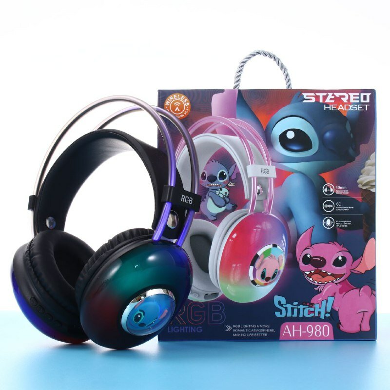 Детские беспроводные наушники с RGB подсветкой, Stitch Stereo Headset, BT5.3, AUX/TF card, Черный
