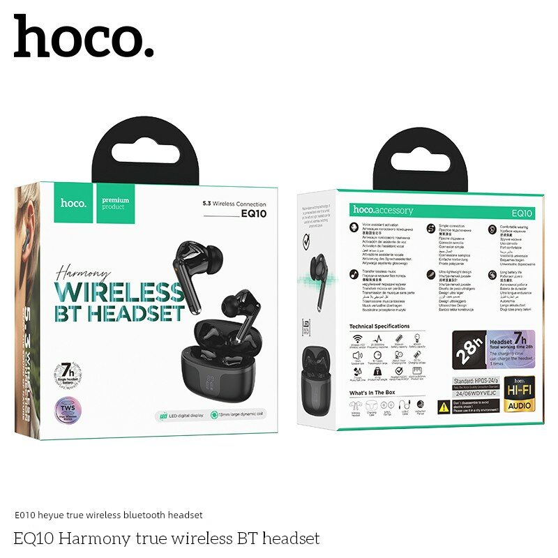 HOCO EQ10 Флагманские беспроводные наушники, черные, с LED-чехлом для спорта и бега