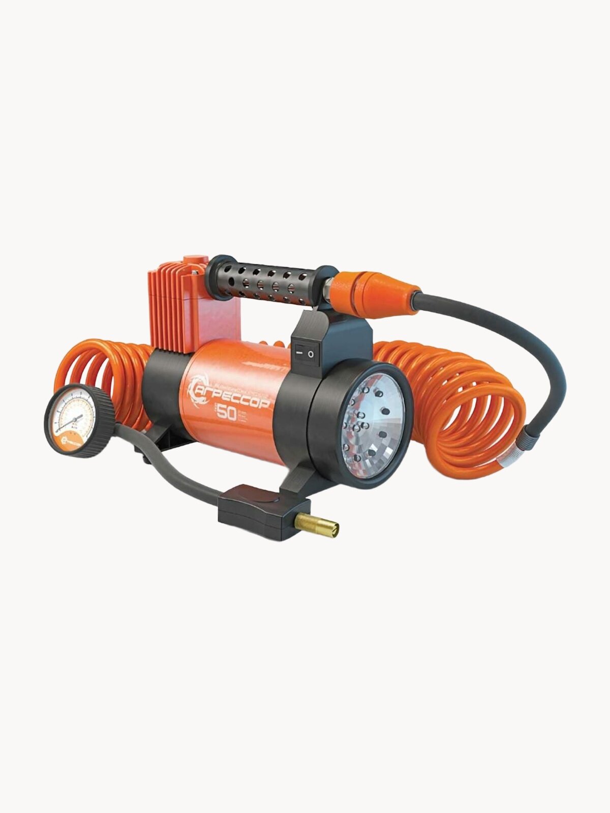 Металлический автомобильный компрессор 12V с LED фонарем Агрессор AGR-50L, для дальних поездок