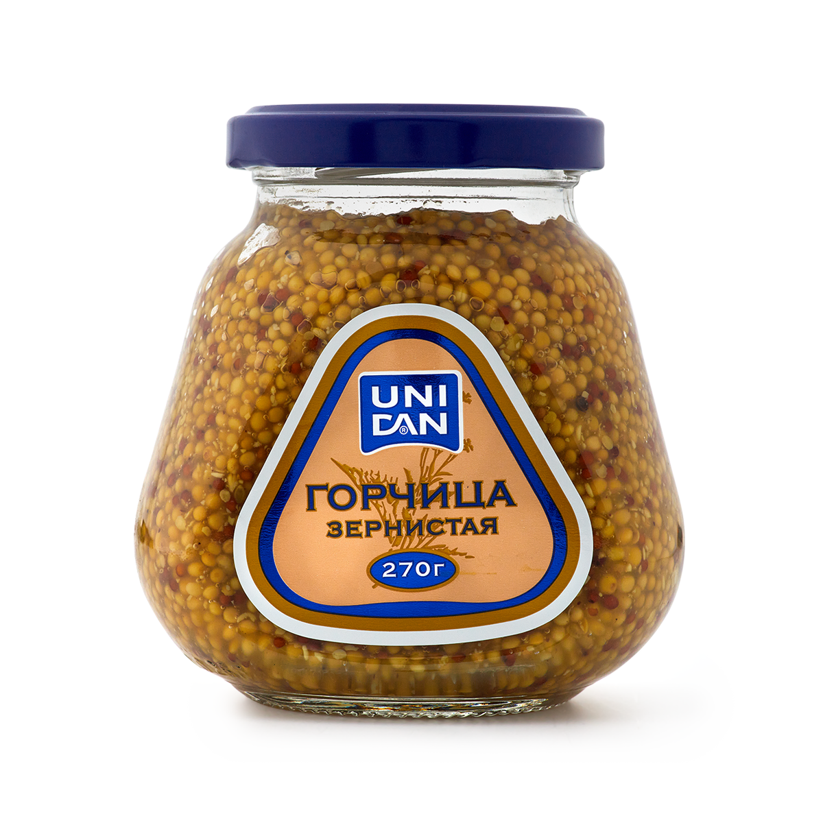 Горчица Uni Dan, зернистая, умеренно-острая, в стеклянной банке, 270 грамм