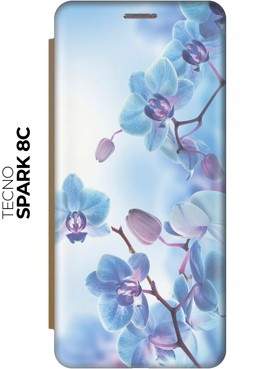 Чехол-книжка на Tecno Spark 8C / Go 2022 / Техно Спарк 8С / Го 2022 с рисунком "Голубые орхидеи" золотистый