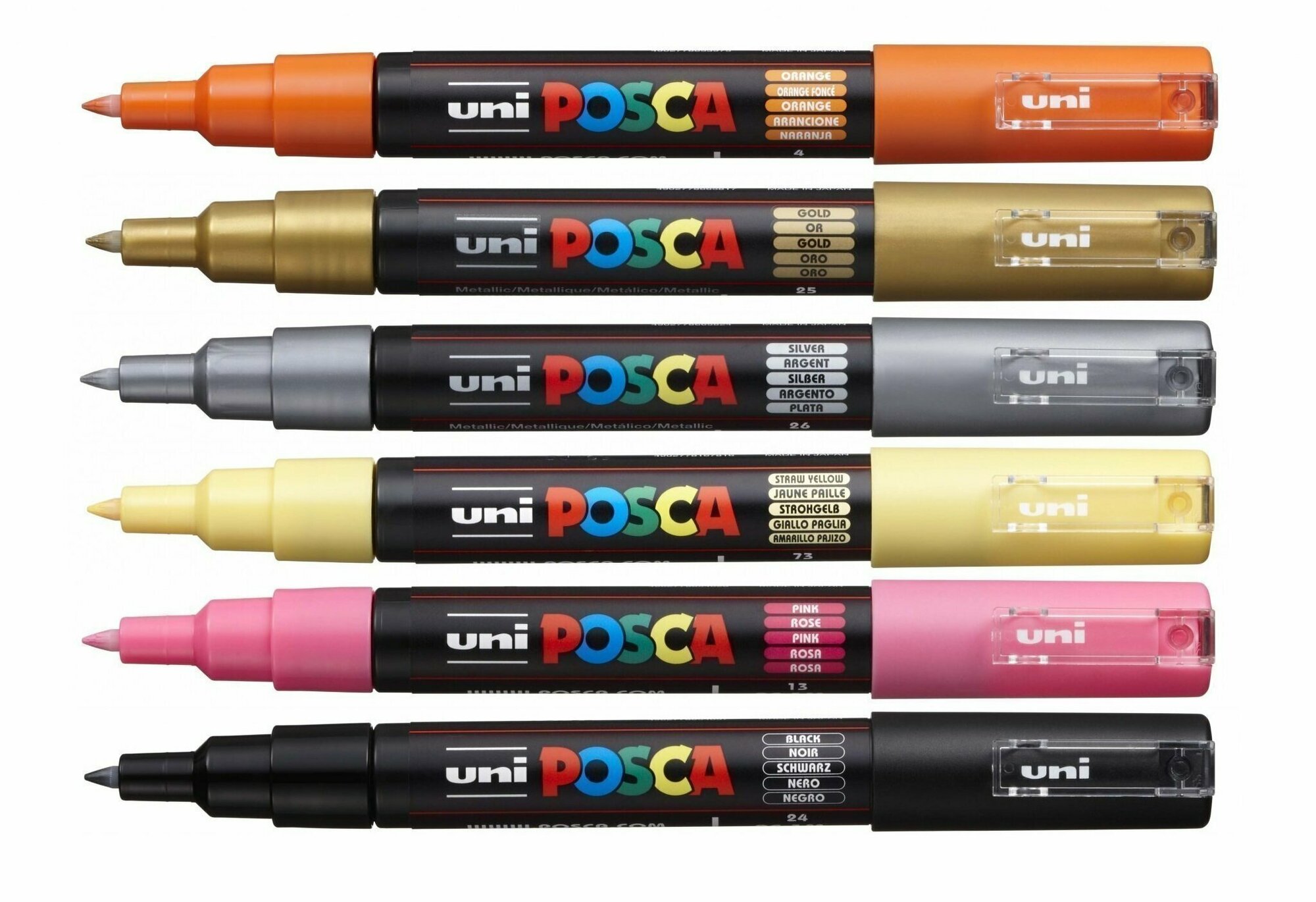 Маркер набор 6 цв POSCA PC-1M №1M-5 (оранжевый №4, золотой №25, серебряный №26, соломенно-жёлтый №73, розовый №13, черный №24)
