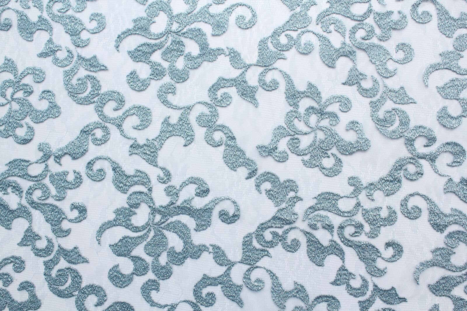 Ткань Вышивка на ажурной сетке Cadena тёмно-бирюзового цвета с серебряным люрексом и фестонами, ш128см, 0,5 м