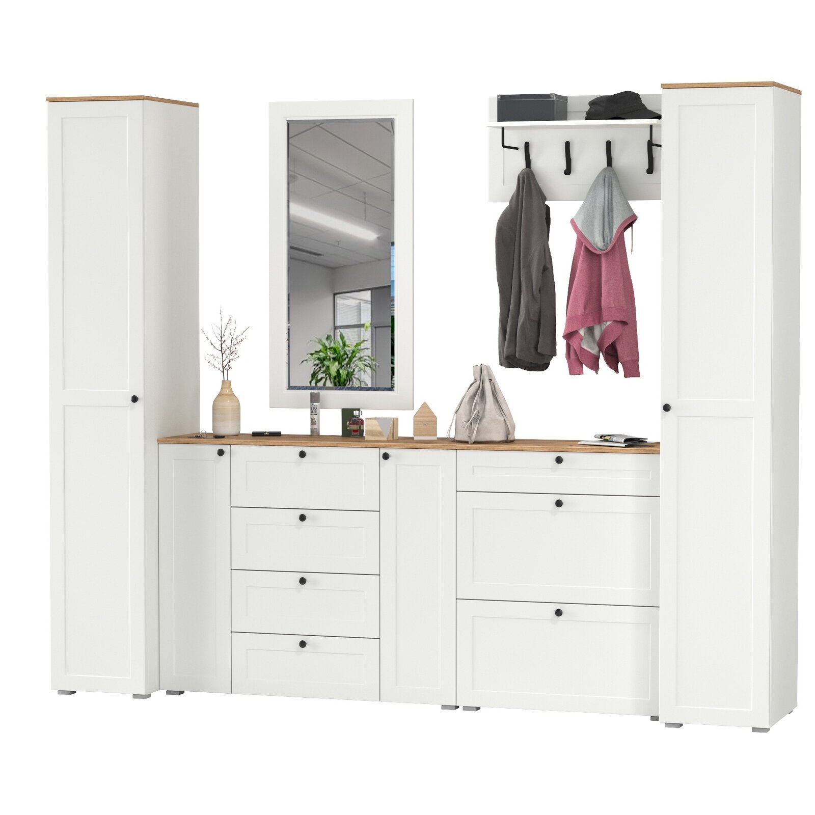 Стенка в прихожую Остин № 58 цвет белый шагрень/дуб крафт золотой