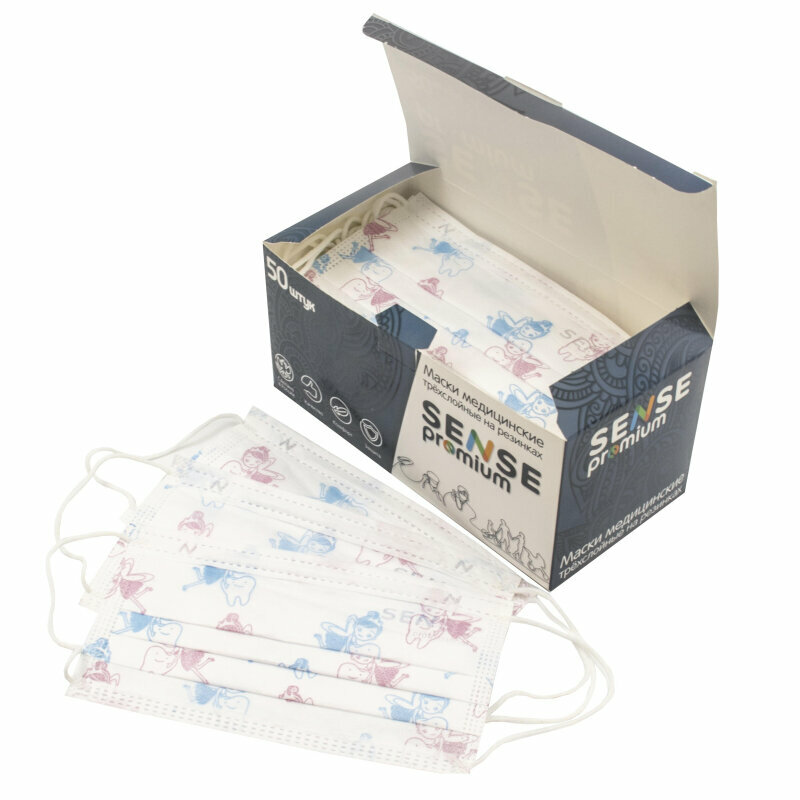 Маска медицинская 3-х сл, Sense, детская, ФЕИ, картон 50шт/уп, 1694824