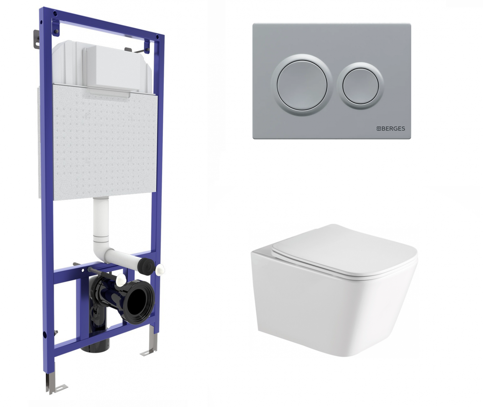 Комплект 3 в 1 инсталляция Berges Novum O2 + Унитаз подвесной SantiLine SL-5007 с кнопкой матовой хром