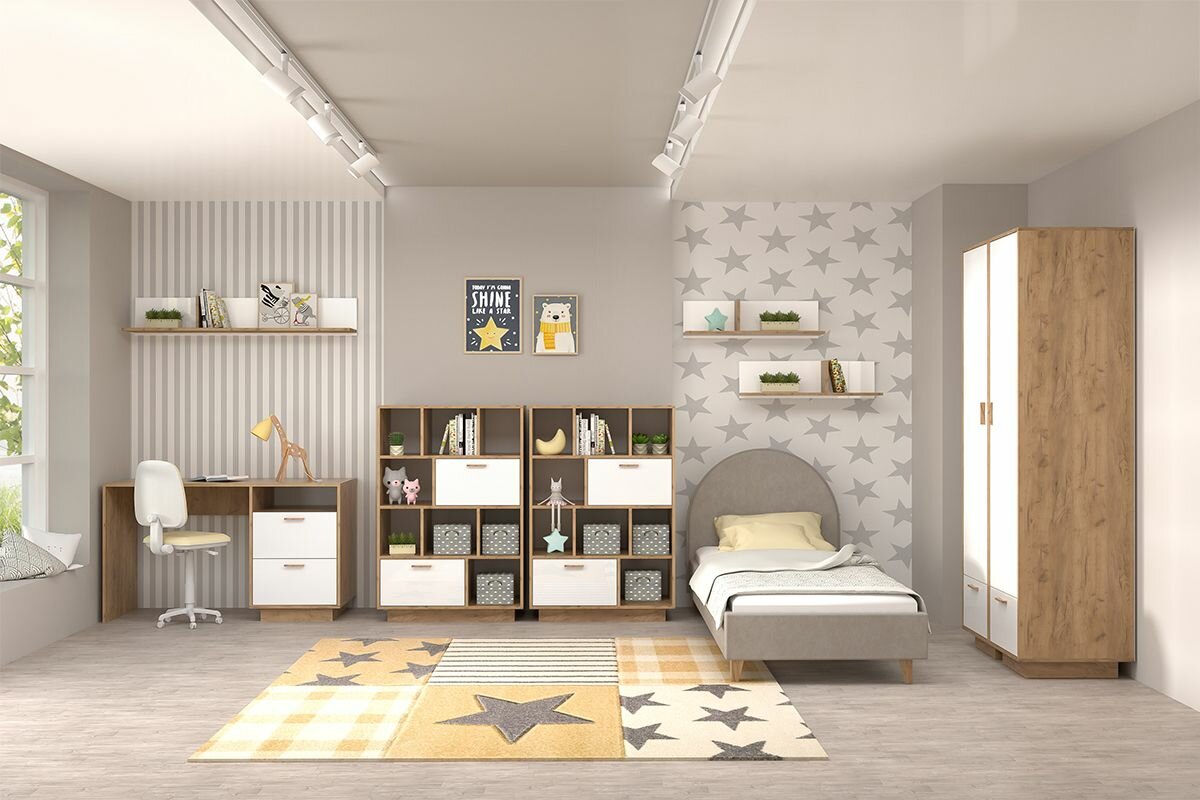 Комплект мебели для детской/подростковой "Эго" МС (ПД) (Композиция №1) Дуб Крафт Золотой/Белый Глянец