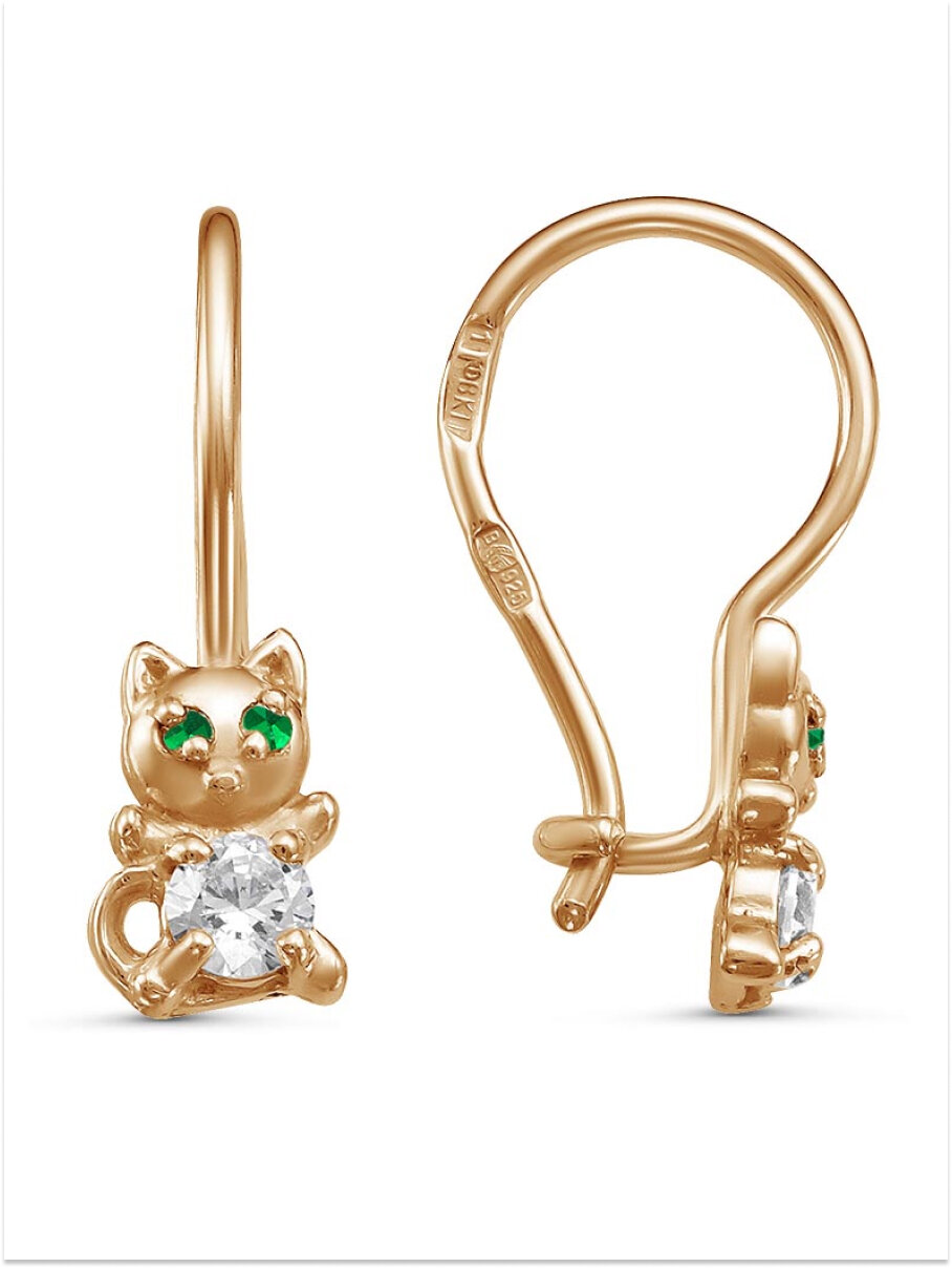 Серьги, серебро, 925 проба, золочение, фианит, шпинель синтетическая