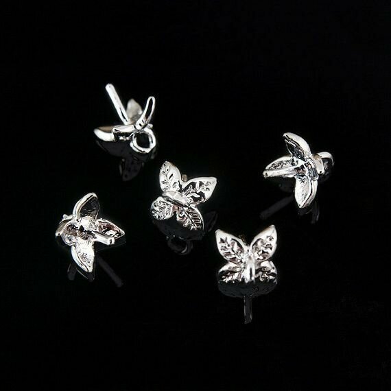 Штифт клеевой, 7.5х5.5мм, Корея, Четыре листика с петелькой, базовый материал - латунь, под родий, 1 шт.