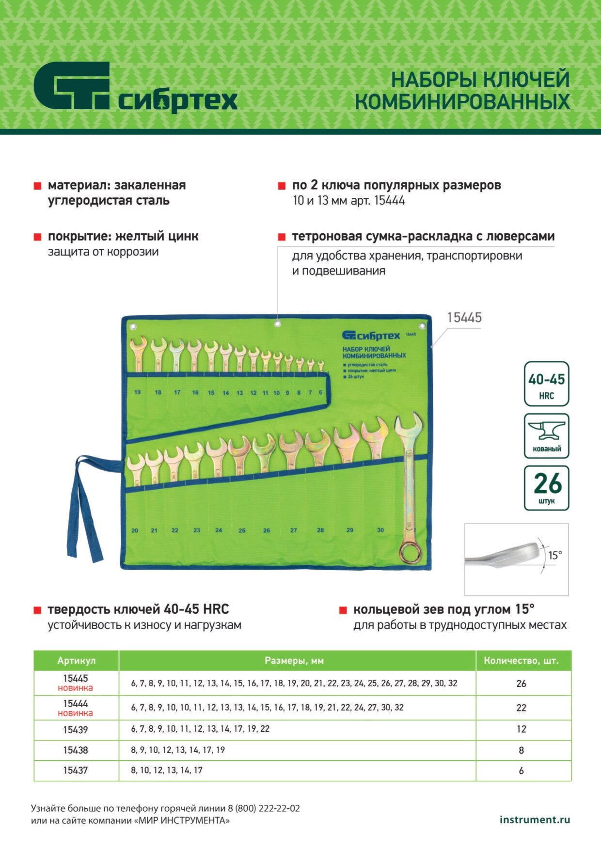 Набор ключей комбинированный 6-32 мм, 26 шт, желтый цинк Сибртех 15445