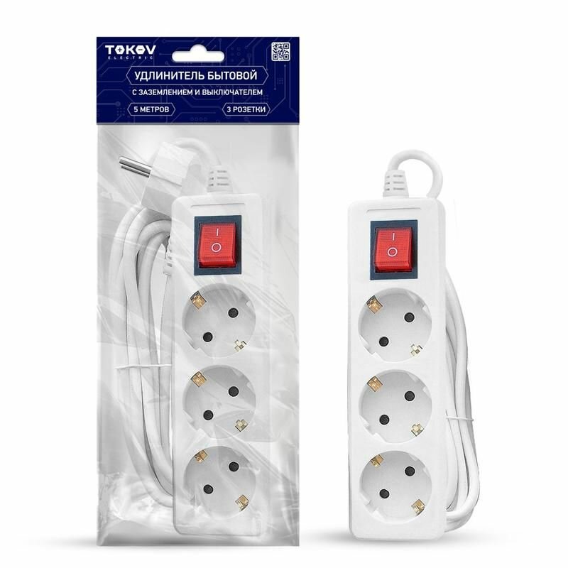 Удлинитель силовой TOKOV ELECTRIC 3х5 м, с заземлением, с выключателем, 16А, 3х1 мм2