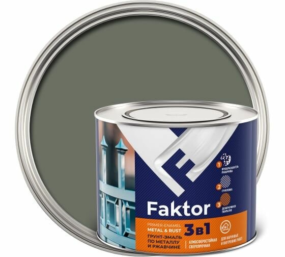 Грунт-эмаль ярославские краски FAKTOR на ржавчину 3 в 1, серая, банка 1.9 кг 215142