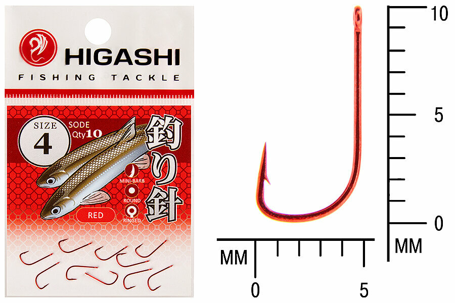 Higashi Крючки рыболовные Sode ringed #4 Red, 10 шт/уп