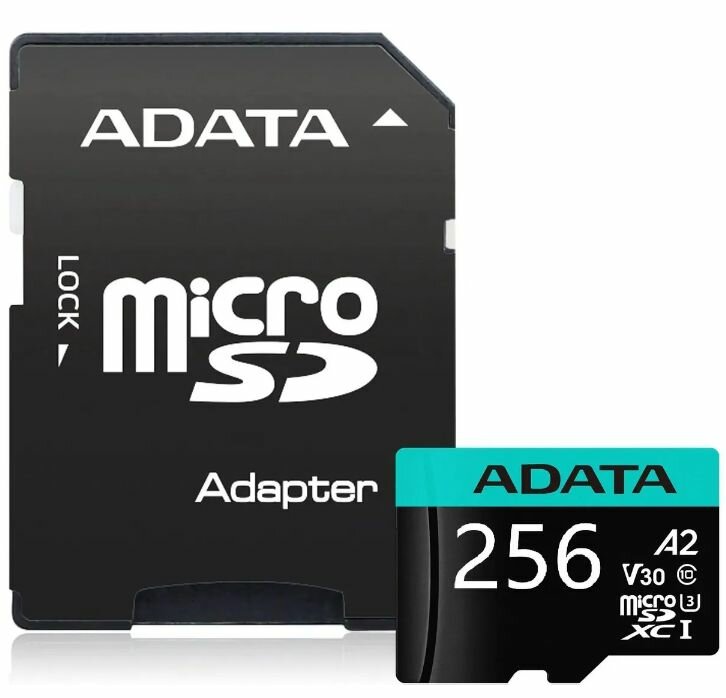 Карта памяти A-Data Premier Pro microSDXC 256 ГБ (AUSDX256GUI3V30SA2-RA1) - Class 10, UHS-I U3, запись - 85 Мбайт/сек, чтение - 100 Мбайт/сек