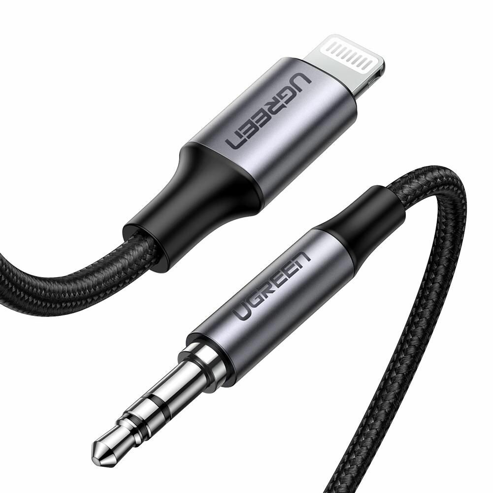 Кабель Lightning - 3,5 Aux, в нейлоновой оплетке (алюминиевый корпус) 1.00 м, черный Ugreen