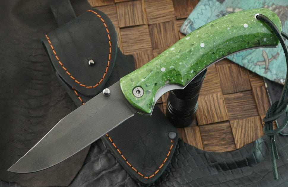 Седов А. А. складной нож Дельфин, сталь булат, рукоять зеленый акрил