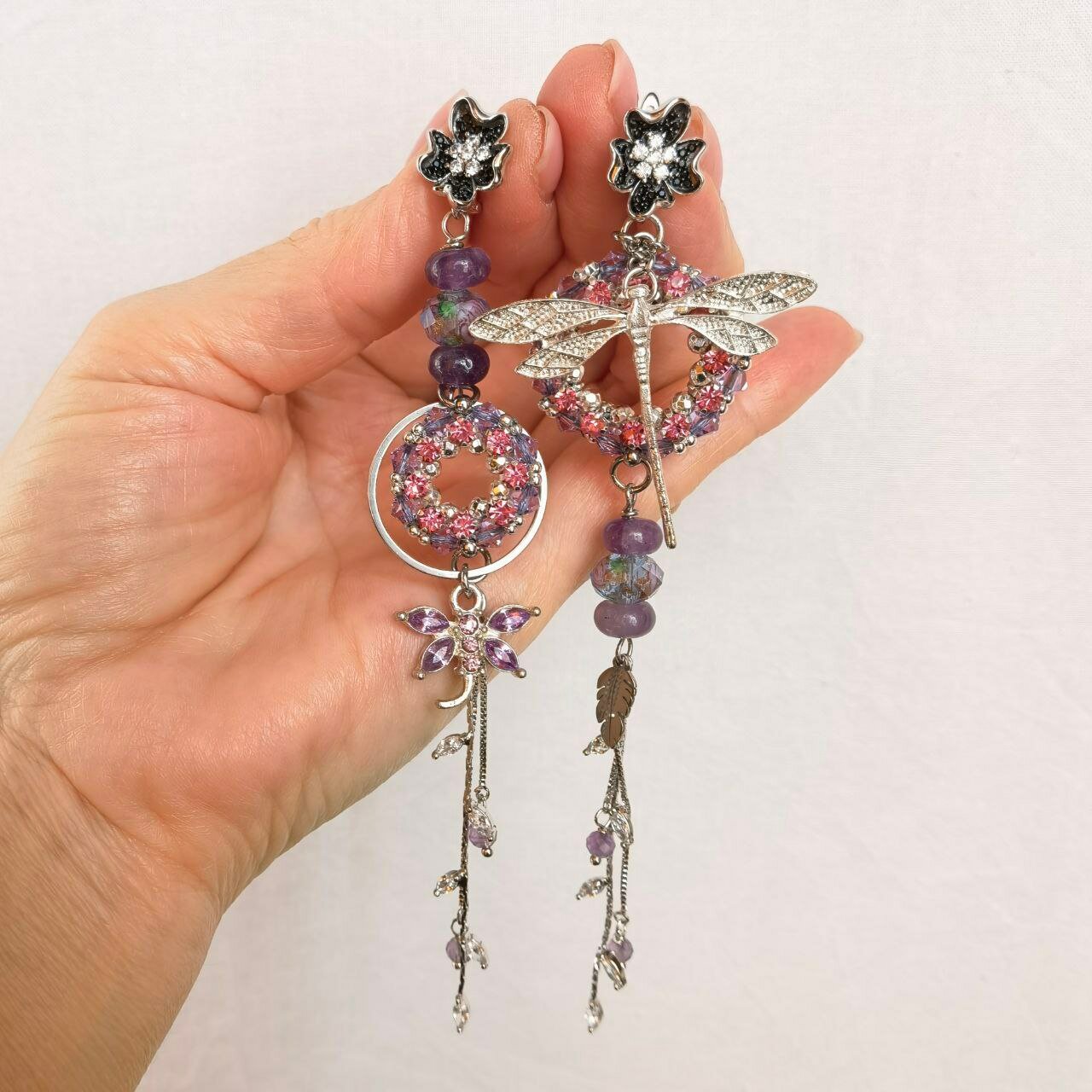 Серьги с подвесками, аметист, кристаллы Swarovski