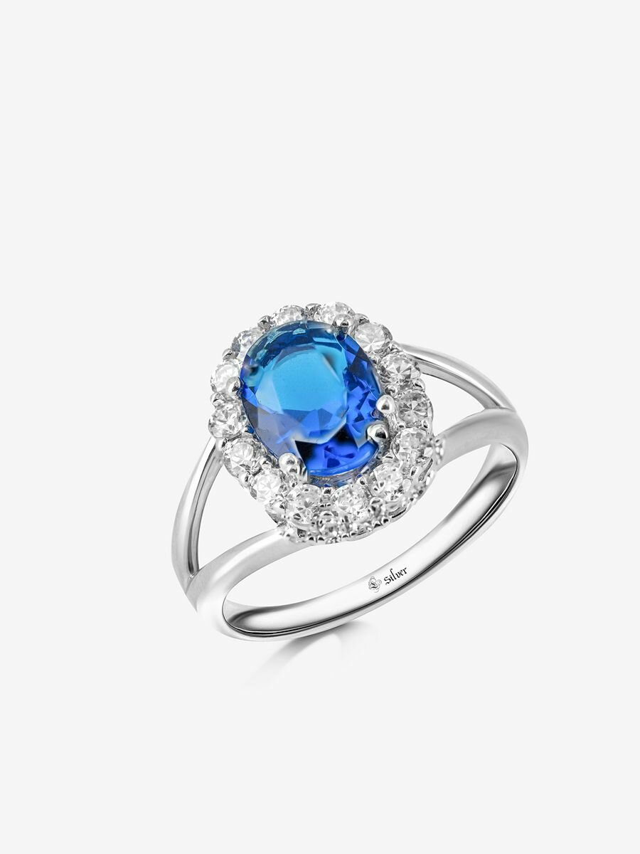 Кольцо, серебро, 925 проба, родирование, фианит, сапфир, сапфир синтетический