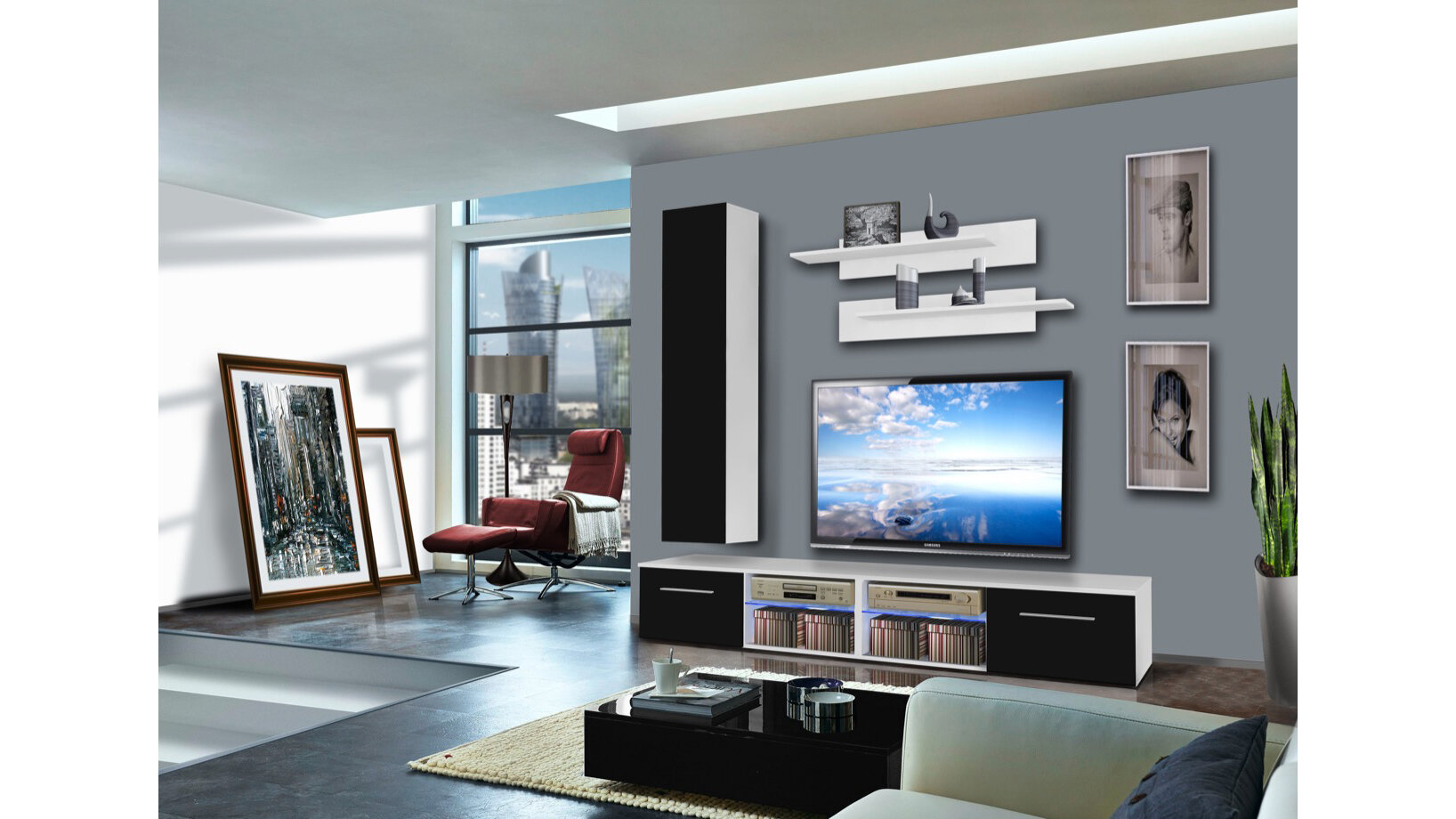 Гостиная 13 Черный 0190 / Белый Фасадный 0101 120x45x210 см, Дом мебели для вас