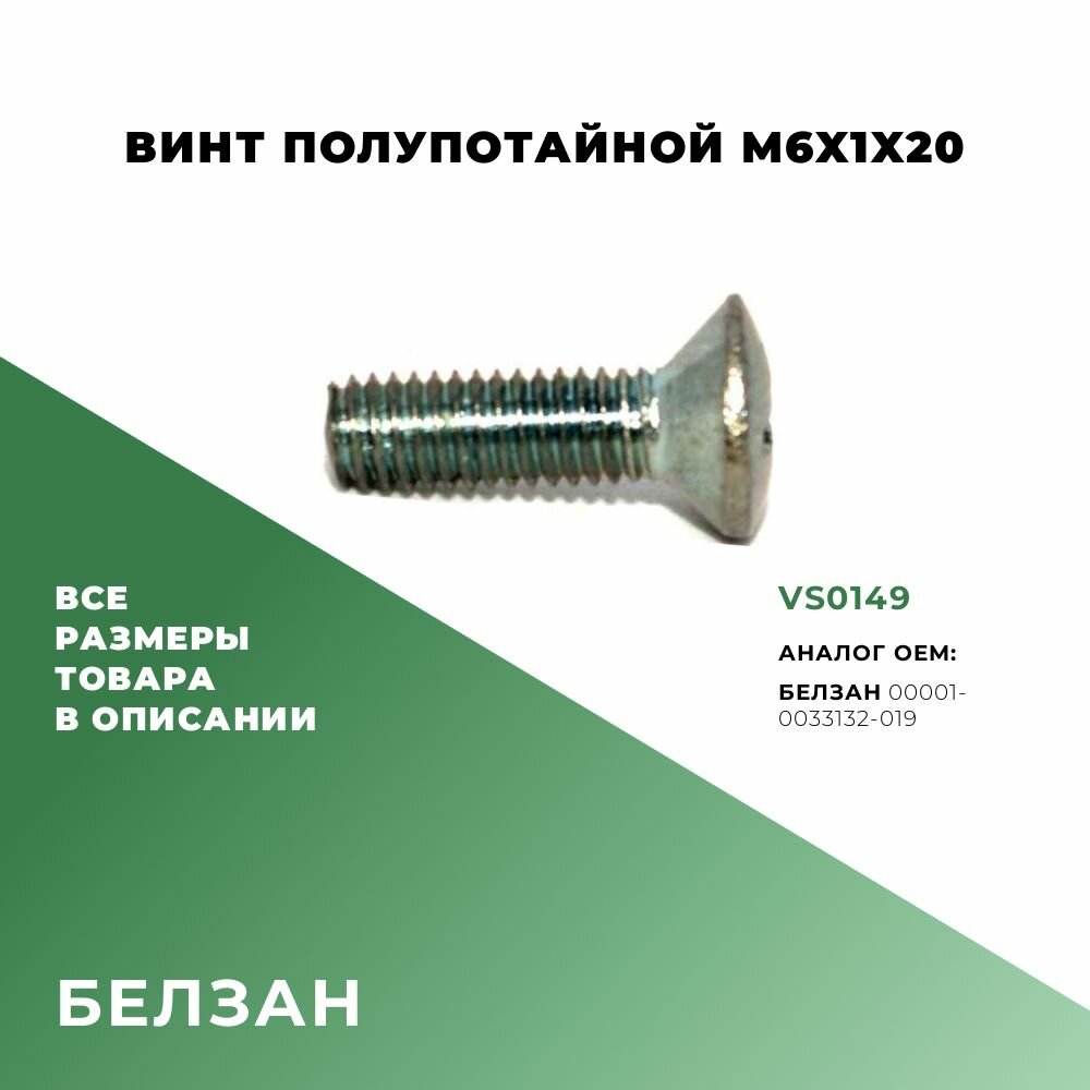 Винт полупотайной M6х20х1; БелЗАН 00001-0033132-019; VS0149 - 10 шт.