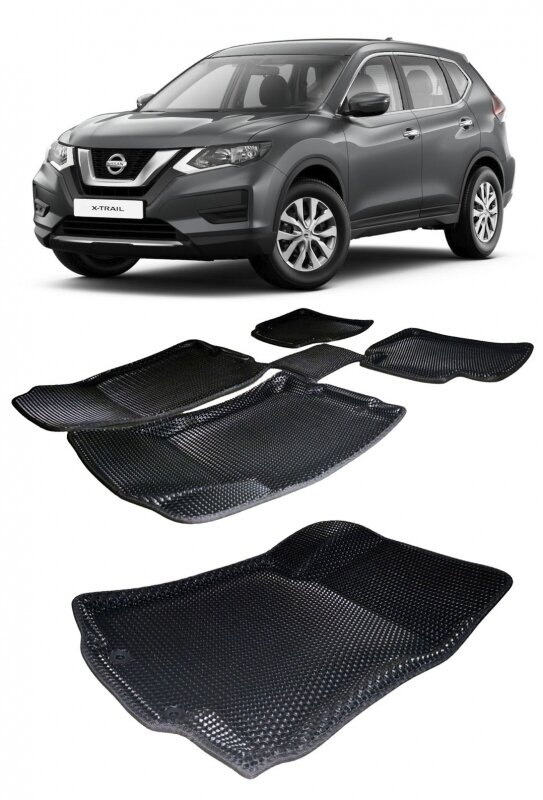 Ева коврики Nissan X-Trail (T32) пресс борта 2013 -/ Ева ЭВА сота/ цвет Черный c серой окантовкой / EVA Smart / коврики в салон автомобиля Ниссан