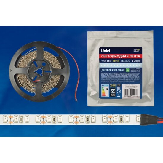 Светодиодная лента Uniel ULS-M14-2835-168LED/m-10mm-IP20-DC12V-14W/m-5M-6500K PROFI. Гибкая на самоклеящейся основе. Катушка 5м. в герметичной упаковке. Холодный свет