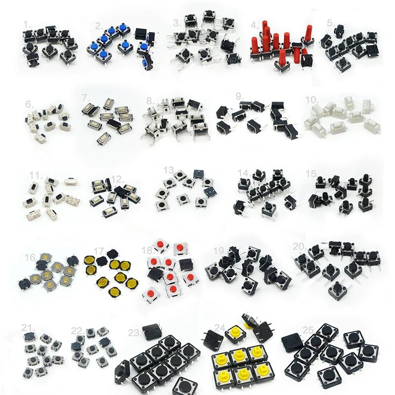 Микропереключатели SMD DIP, набор 25 типов, 125pcs