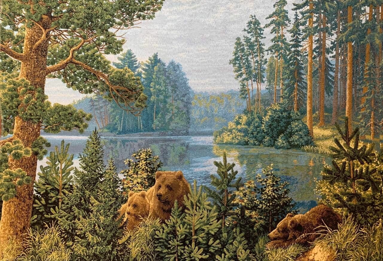 Гобелен, гобелен без рамы 50х34 см / "Медведи в лесу"