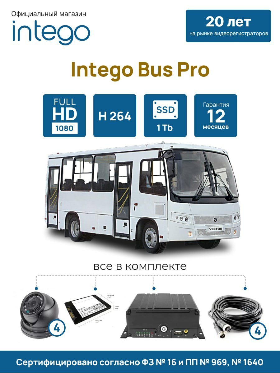 Комплект видеонаблюдения для автобуса INTEGO Bus Pro (2 двери, 4 камеры) под ПП 969