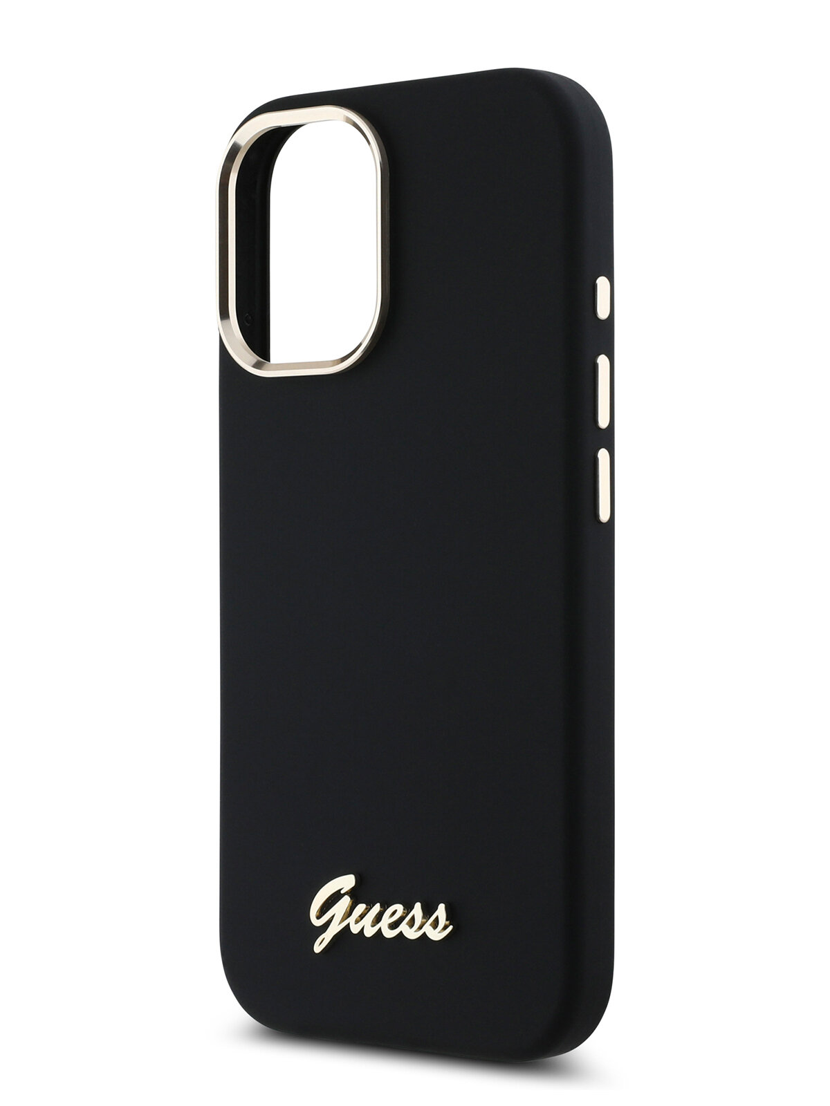 Guess для iPhone 16 чехол Liquid silicone Gold metal logo & Camera frame Hard Black