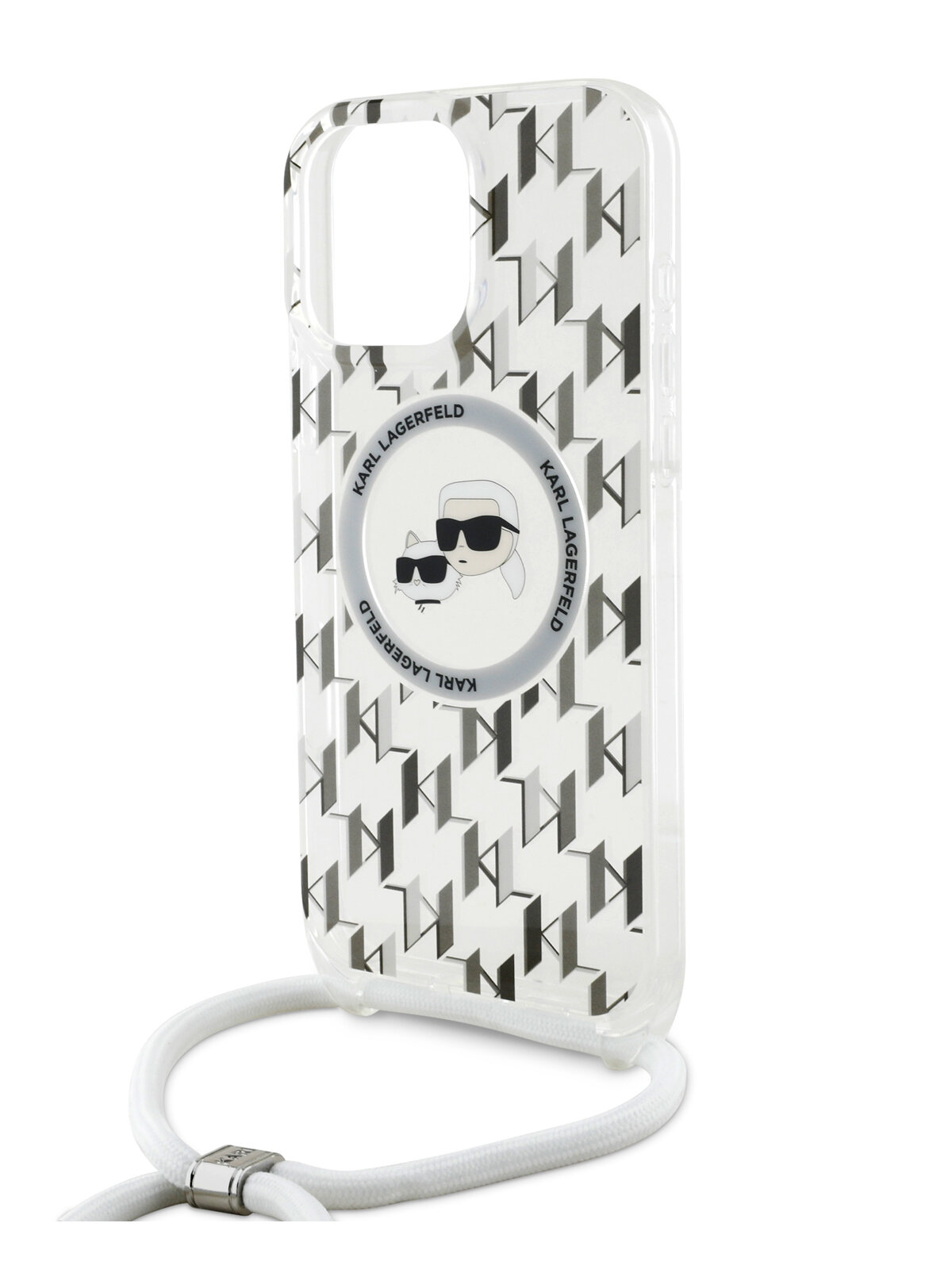 Lagerfeld для iPhone 16 Pro чехол Crossbody PC/TPU NFT Karl&Choup Head Hard Transp (MagSafe) +Cord