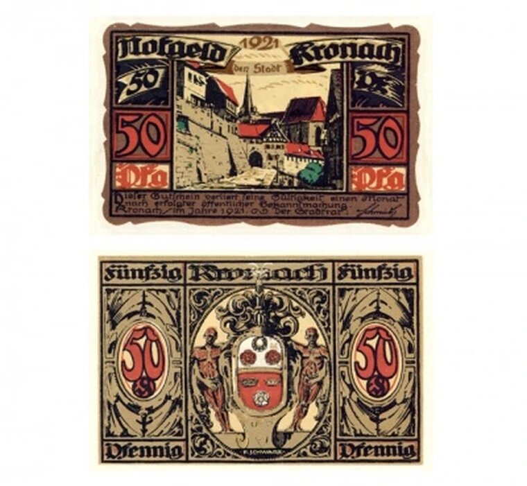 Нотгельд 50 пфеннигов 1921 Германия, Кронах, вид 2, сувенирная копия, банкноты и купюры редкие коллекционные